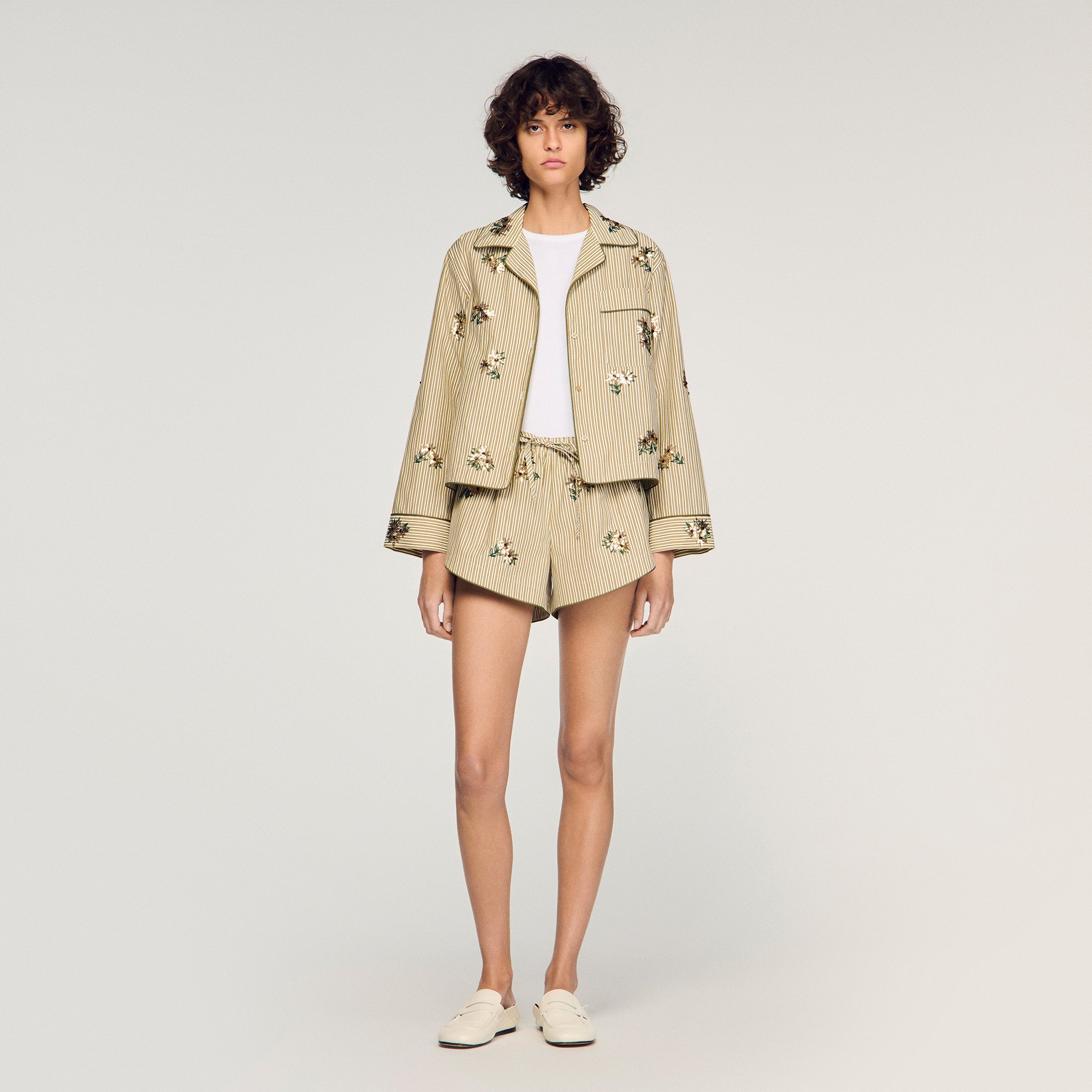 SANDRO Floral Embroidered Striped Shorts